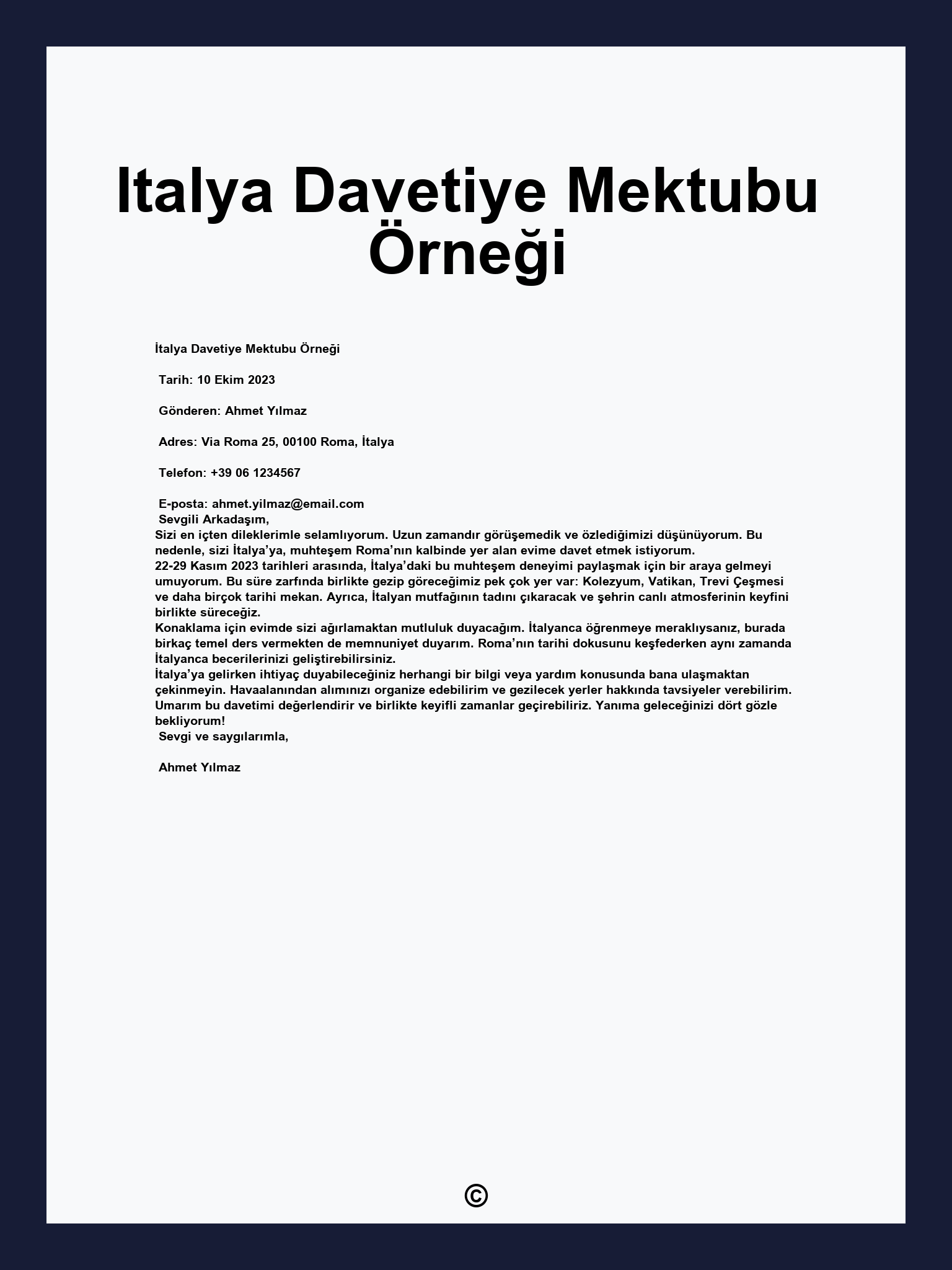 Italya Davetiye Mektubu Örneği
