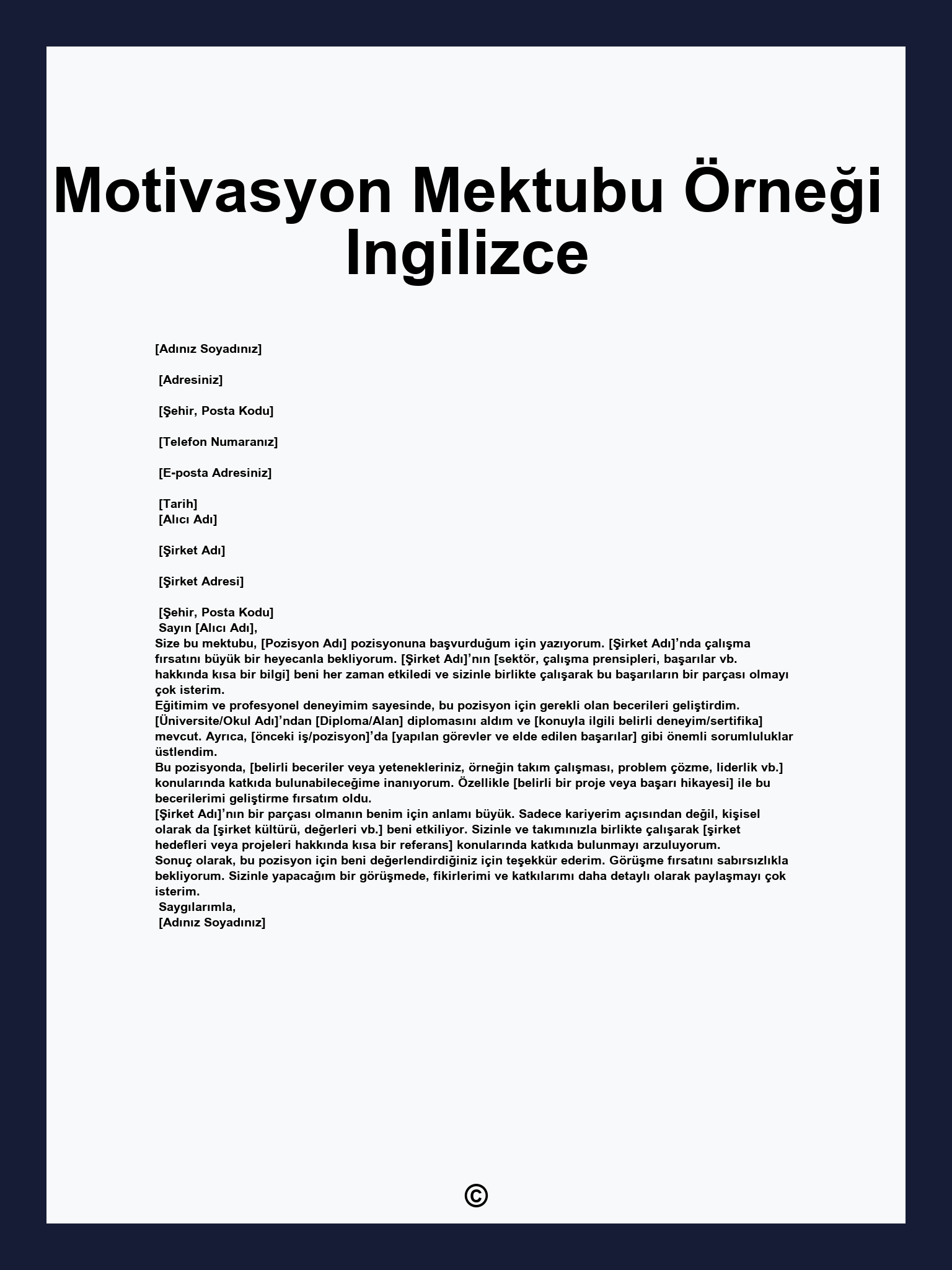 Motivasyon Mektubu Örneği Ingilizce